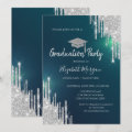 Silver Glitter Drips Grad Cap Green Graduation Invitation | Zazzle
