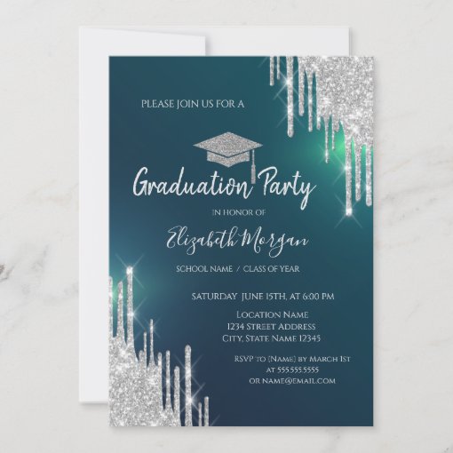 Silver Glitter Drips Grad Cap Green Graduation Invitation | Zazzle