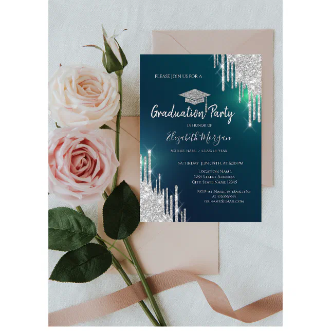 Silver Glitter Drips Grad Cap Green Graduation Invitation | Zazzle