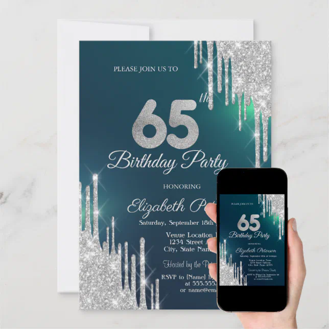 Silver Glitter Drips Green 65th Birthday Invitation | Zazzle