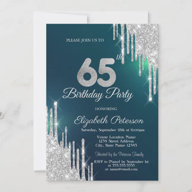 Silver Glitter Drips Green 65th Birthday Invitation | Zazzle