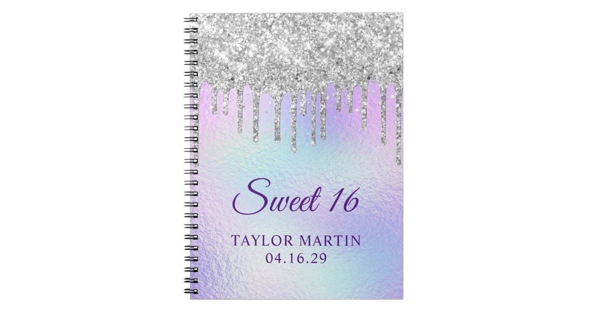 Silver Glitter Drips Iridescent Sweet 16 Guest Notebook | Zazzle