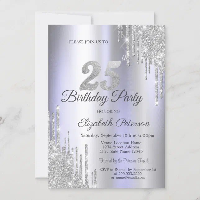 Silver Glitter Drips Light Purple 25th Birthday Invitation | Zazzle