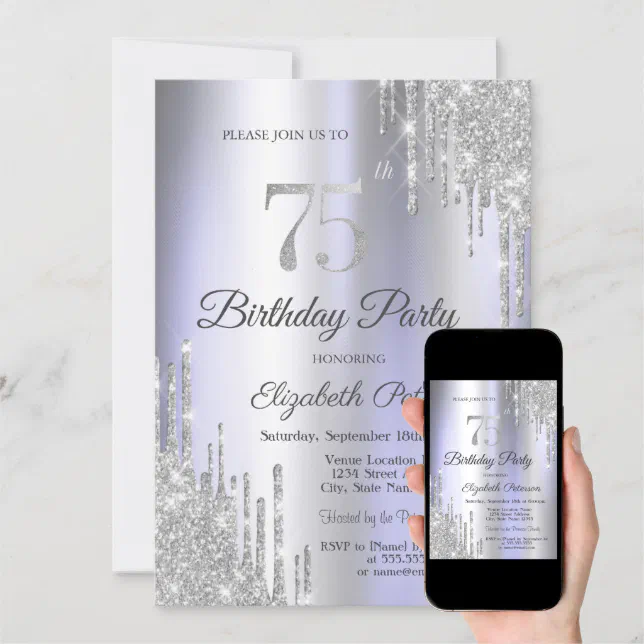 Silver Glitter Drips Light Purple 75th Birthday Invitation | Zazzle