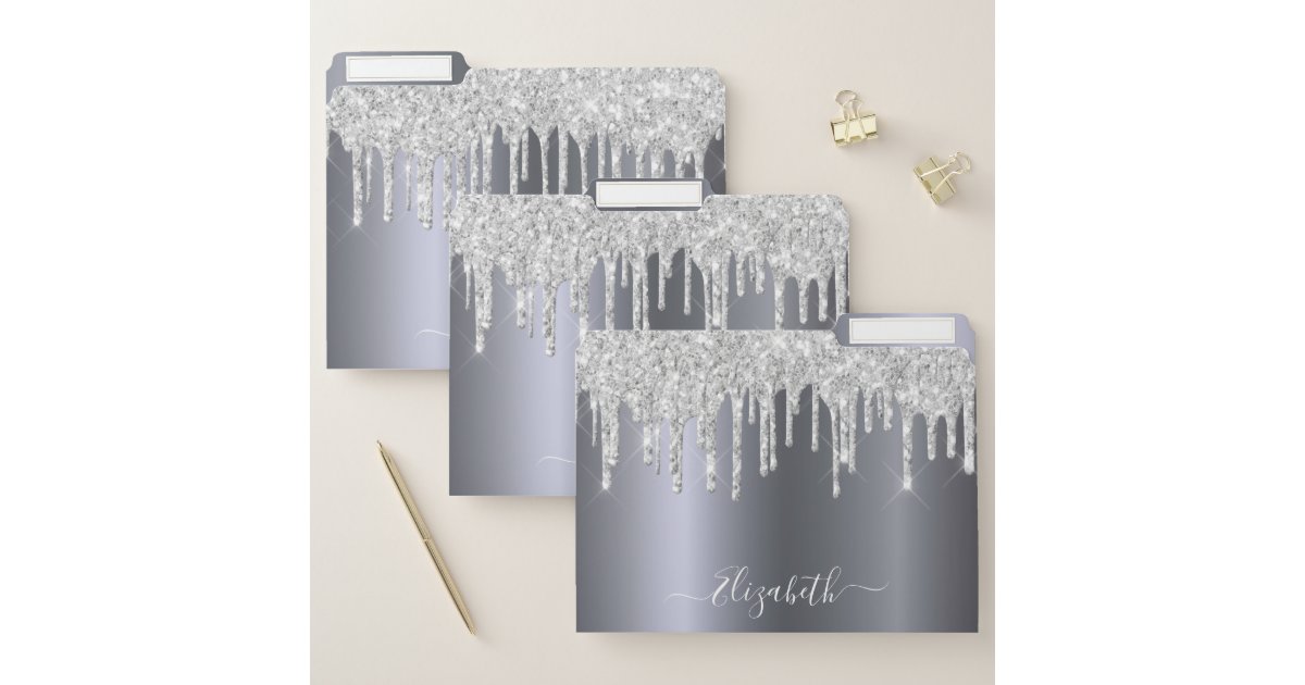Silver glitter drips monogram school work file folder | Zazzle