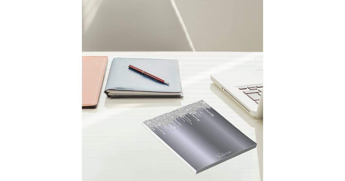 Silver glitter drips name notepad | Zazzle