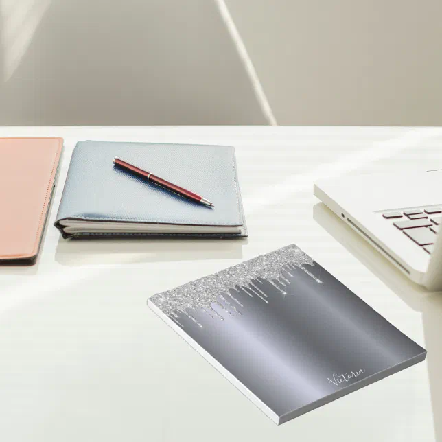 Silver glitter drips name notepad | Zazzle