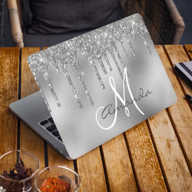 Silver Glitter Drips Personalized Monogram HP Laptop Skin | Zazzle