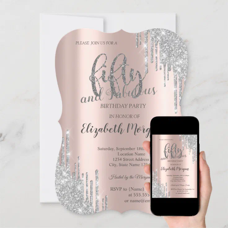 Silver Glitter Drips Rose Gold 50th Birthday Invitation Zazzle