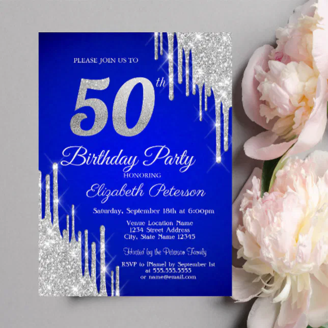 Silver Glitter Drips Royal Blue 50th Birthday Invitation | Zazzle