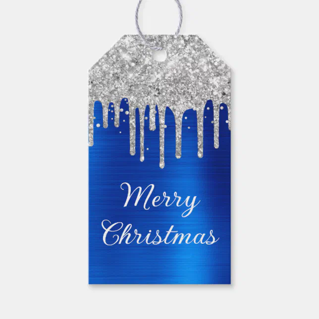 Silver Glitter Drips Royal Blue Merry Christmas Gift Tags | Zazzle
