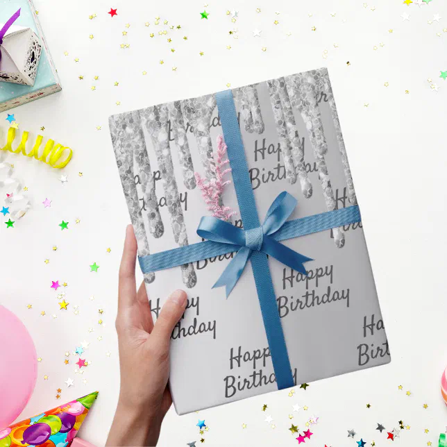 Silver glitter drips sparkle birthday typography wrapping paper | Zazzle