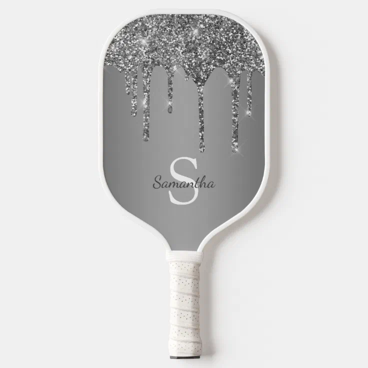 Silver Glitter Drips Sparkle Monogram Name Pickleball Paddle | Zazzle