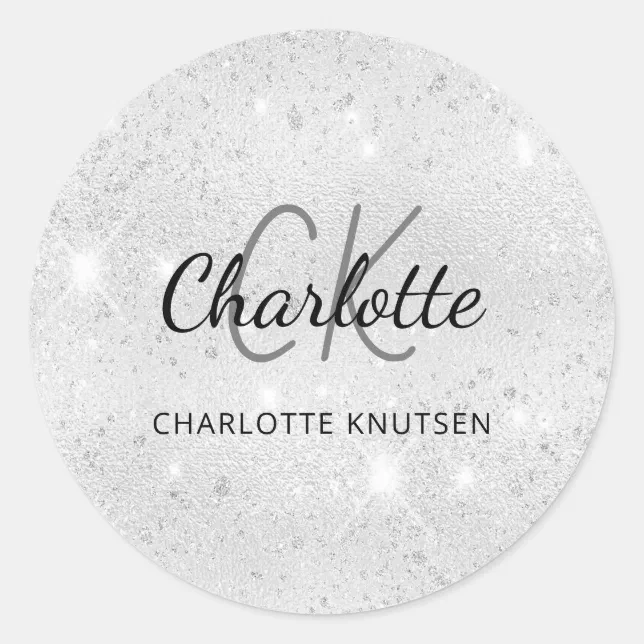 Silver glitter dust monogram initials name classic round sticker | Zazzle
