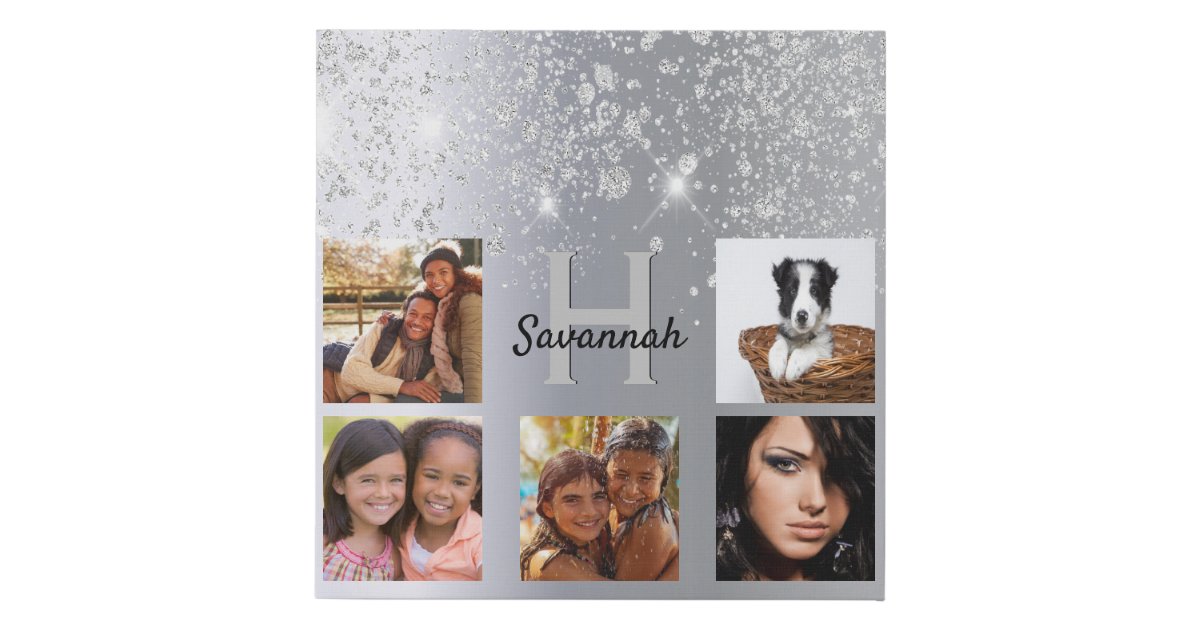 Silver glitter dust photo collage monogram faux canvas print | Zazzle