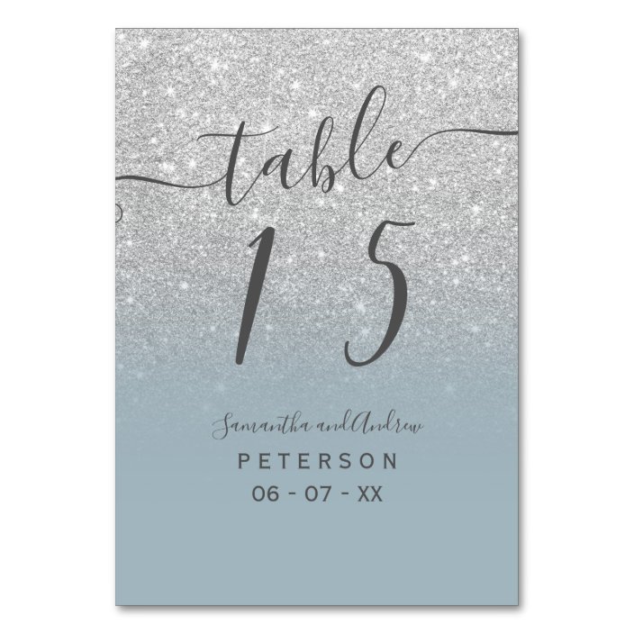 Silver glitter dusty blue script wedding table table number | Zazzle.com