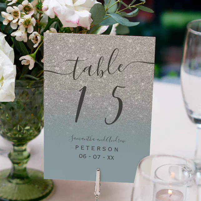 Silver glitter dusty blue script wedding table table number | Zazzle