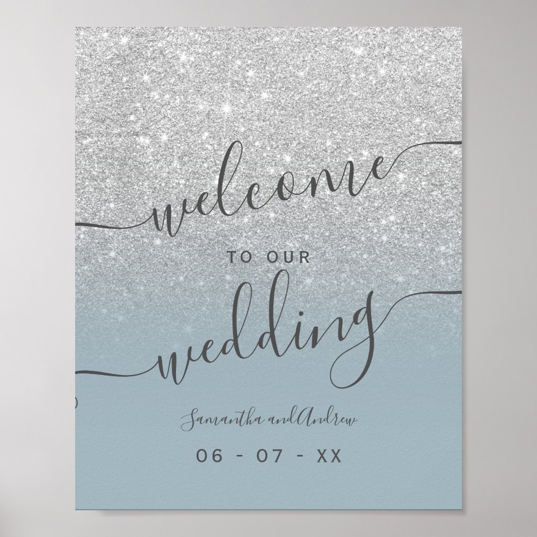 Silver glitter dusty blue script welcome poster | Zazzle