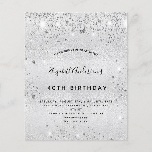 Silver glitter elegant budget birthday invitation | Zazzle