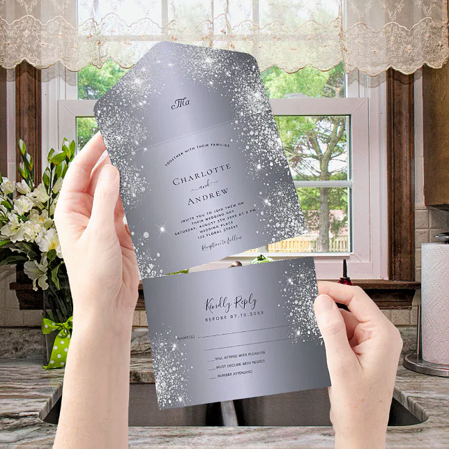 Silver glitter elegant wedding all in one invitation | Zazzle