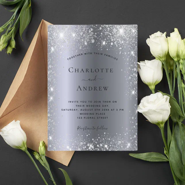 Silver glitter elegant wedding invitation | Zazzle
