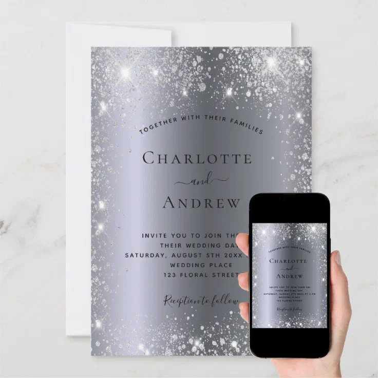 Silver glitter elegant wedding invitation | Zazzle