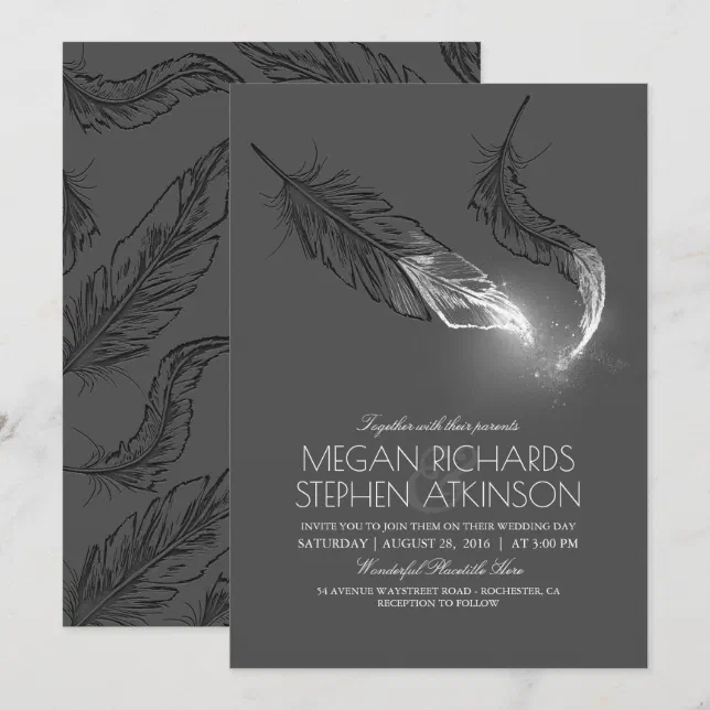 Silver Glitter Feathers Elegant Modern Wedding Invitation | Zazzle