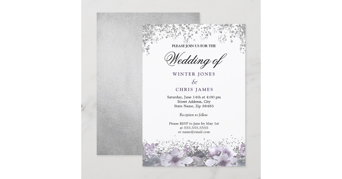 Silver Glitter Floral Purple Wedding Invitation | Zazzle
