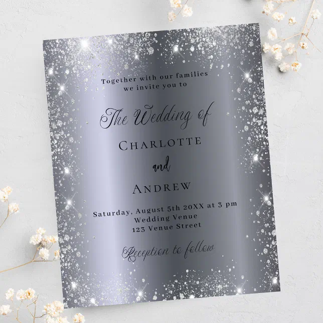 Silver glitter formal budget wedding invitation | Zazzle