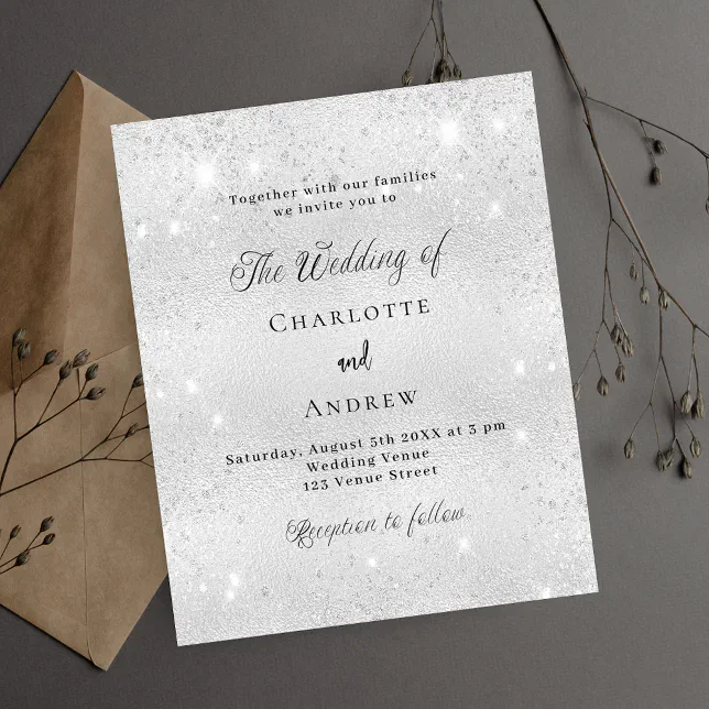 Silver glitter formal budget wedding invitation | Zazzle