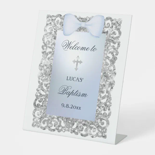 Silver Glitter Frame Blue Bow Baptism Welcome Pedestal Sign | Zazzle
