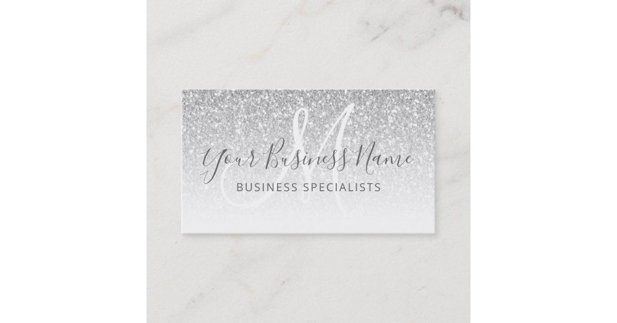 Silver Glitter Girly Script Business Logo Monogram Business Card | Zazzle