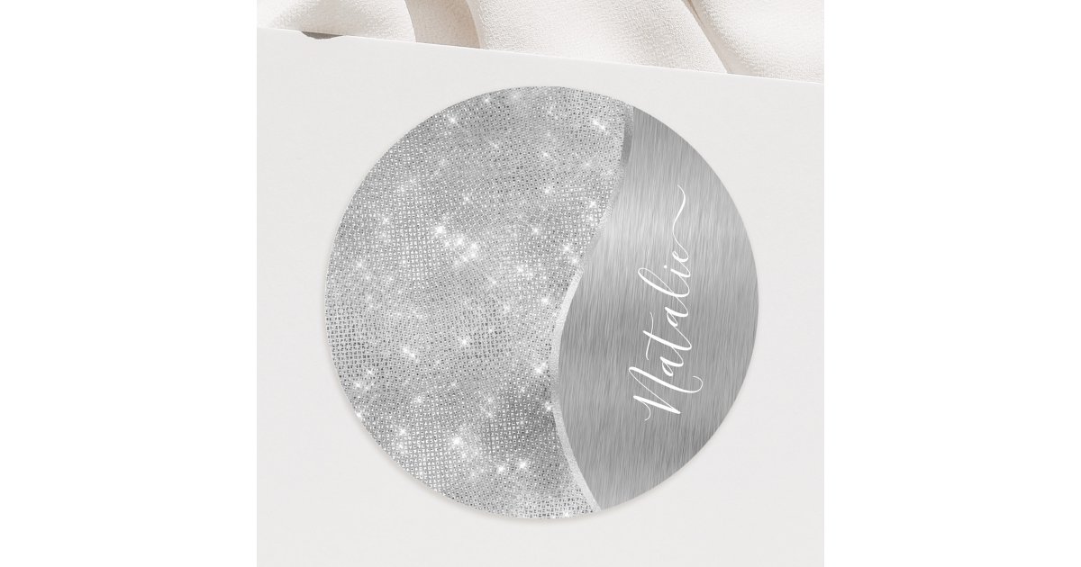 Silver Glitter Glam Bling Personalized Metallic Classic Round Sticker ...