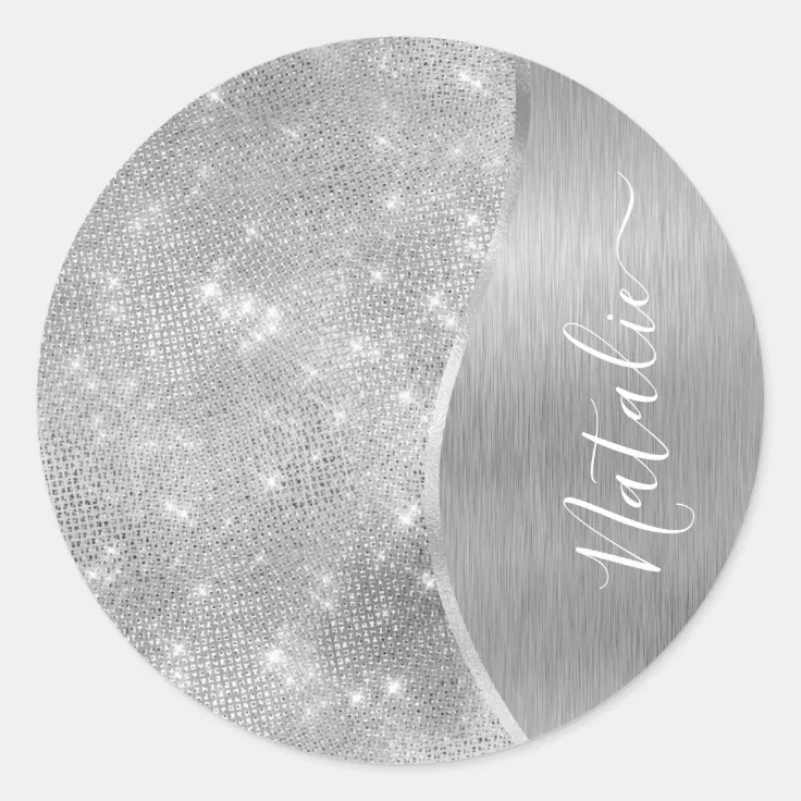Silver Glitter Glam Bling Personalized Metallic Classic Round Sticker ...