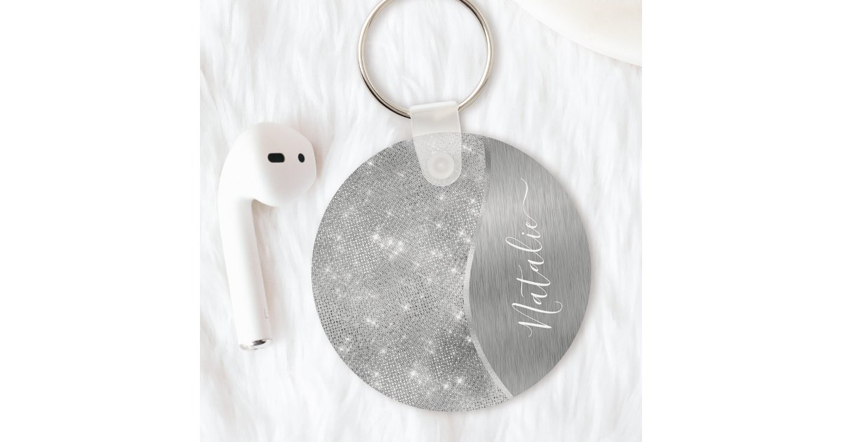 Silver Glitter Glam Bling Personalized Metallic Keychain | Zazzle