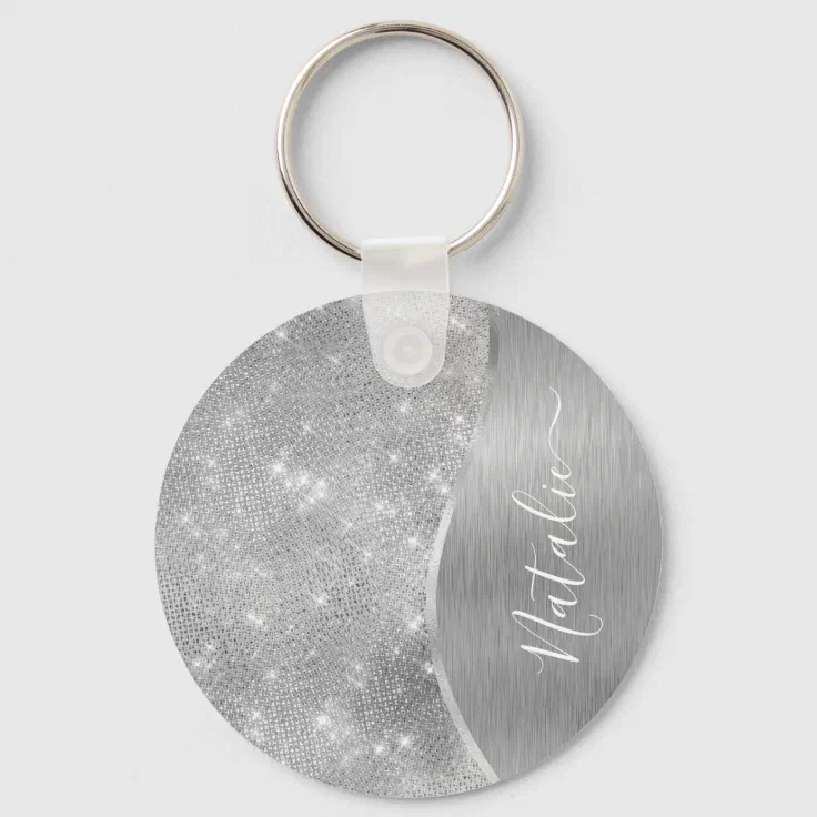 Silver Glitter Glam Bling Personalized Metallic Keychain | Zazzle