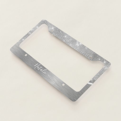 Silver Glitter Glam Bling Personalized Metallic License Plate Frame ...