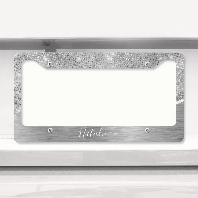 Silver Glitter Glam Bling Personalized Metallic License Plate Frame ...