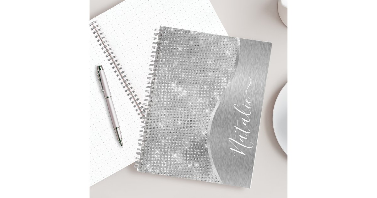 Silver Glitter Glam Bling Personalized Metallic Notebook | Zazzle