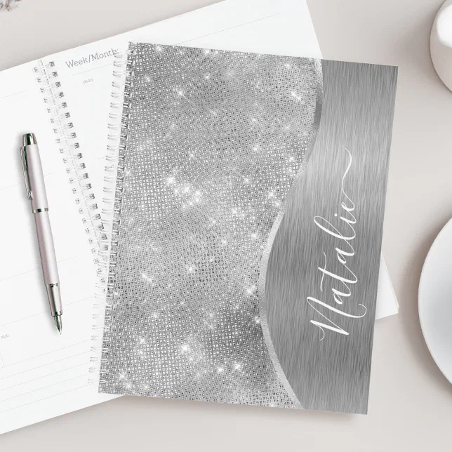 Silver Glitter Glam Bling Personalized Metallic Planner | Zazzle