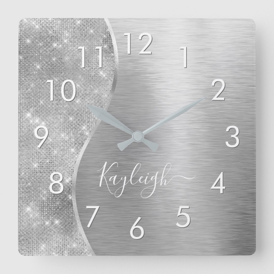 Silver Glitter Glam Bling Personalized Metallic Square Wall Clock | Zazzle