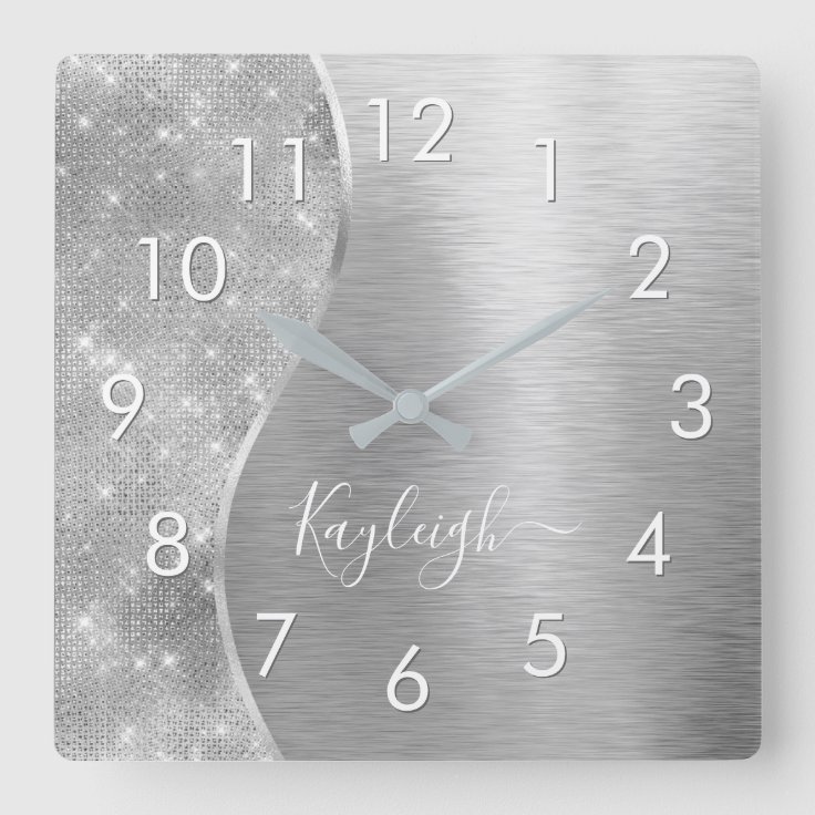 Silver Glitter Glam Bling Personalized Metallic Square Wall Clock | Zazzle