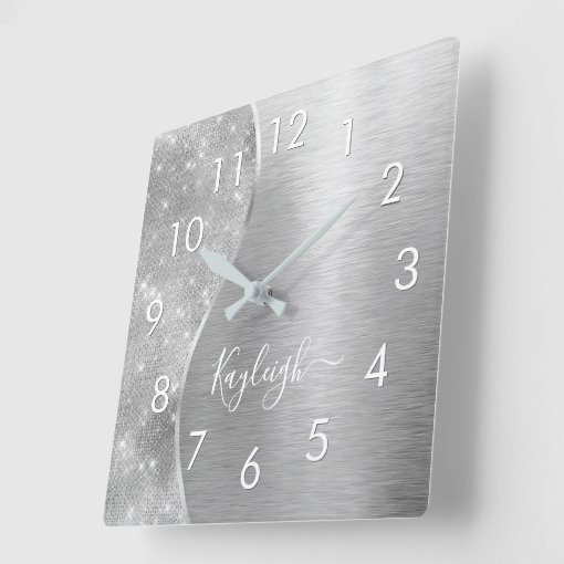 Silver Glitter Glam Bling Personalized Metallic Square Wall Clock | Zazzle