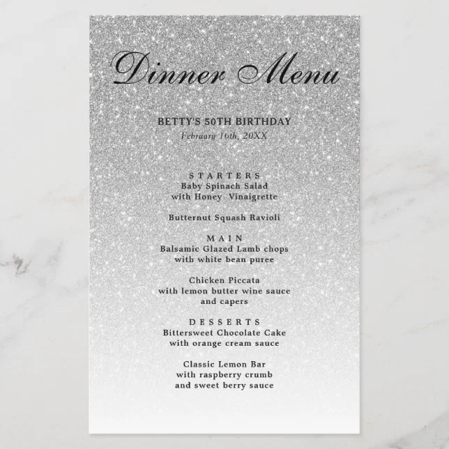 Silver Glitter Glam Party Menu Flyer | Zazzle
