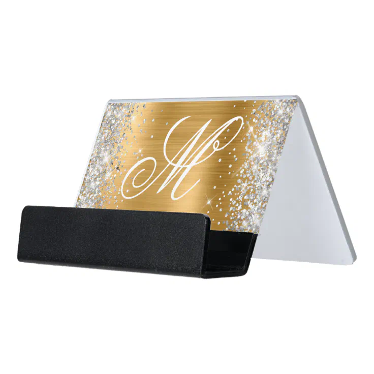 Silver Glitter Gold Foil Fancy Monogram Desk Business Card Holder | Zazzle
