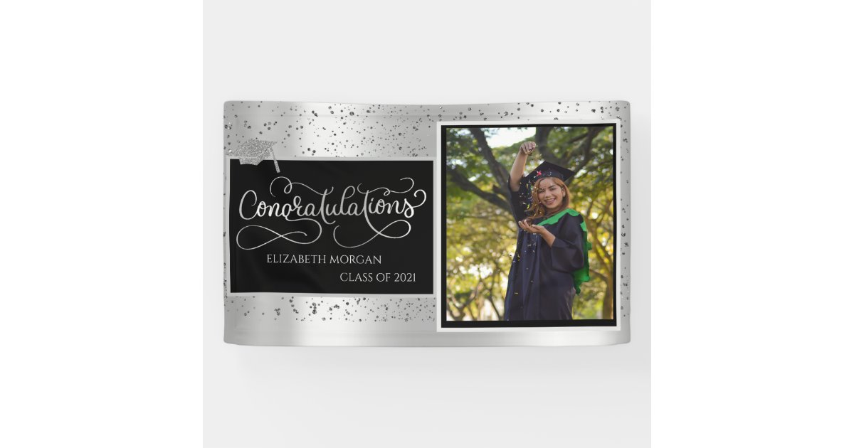 Silver Glitter Grad Cap,Photo Rose Gold Graduation Banner | Zazzle