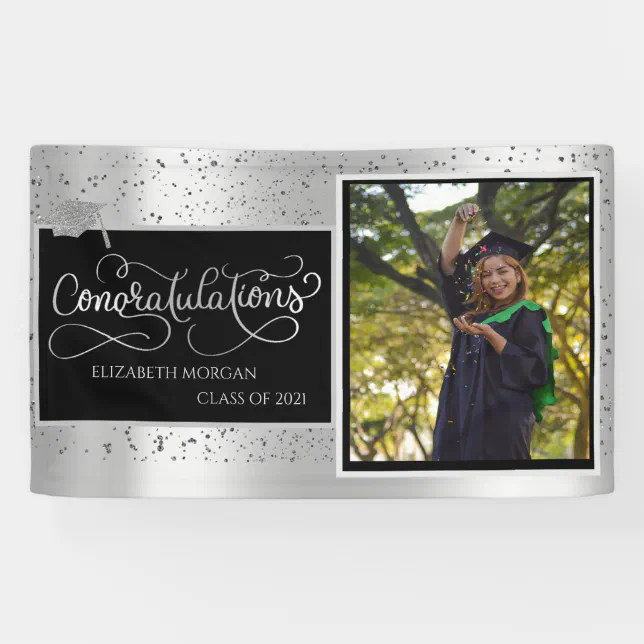 Silver Glitter Grad Cap,Photo Rose Gold Graduation Banner | Zazzle