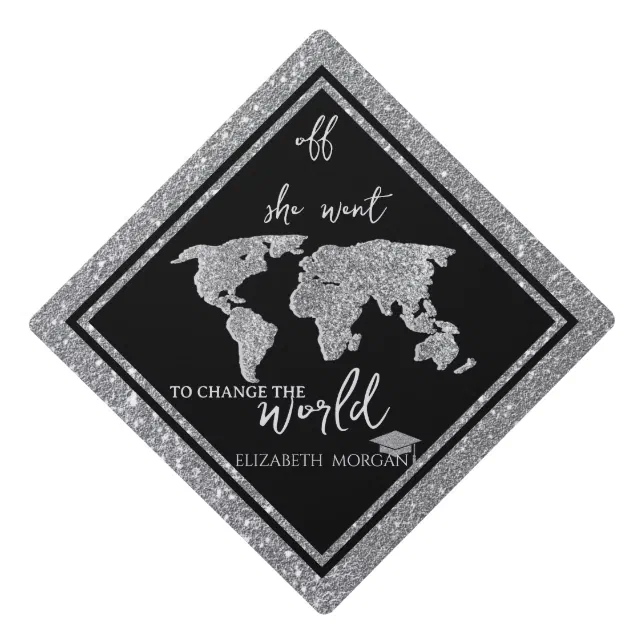 Silver Glitter Grad Cap World Map Graduation | Zazzle