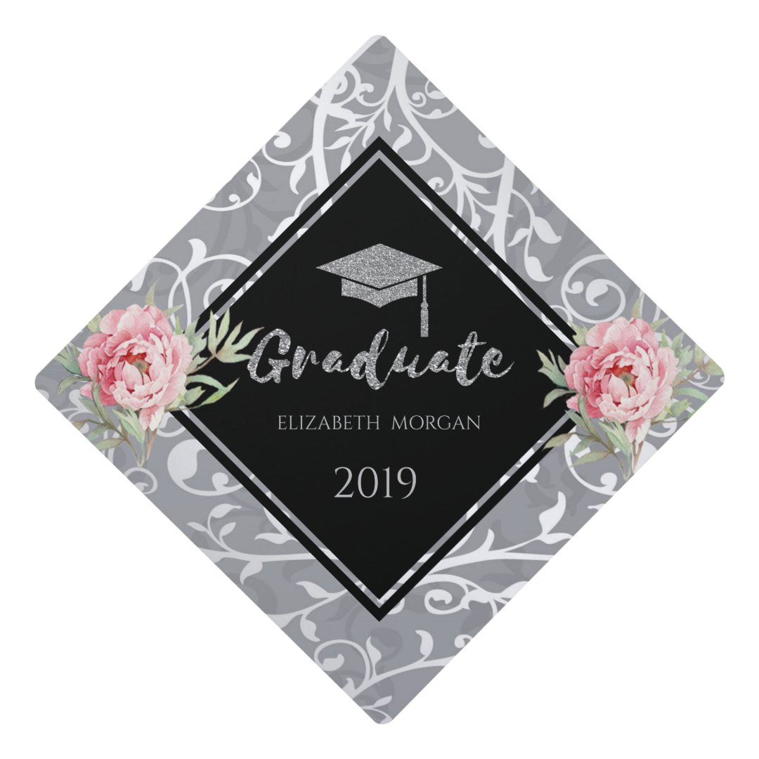 Silver Glitter Graduate Cap,Damask,Roses Graduation Cap Topper | Zazzle