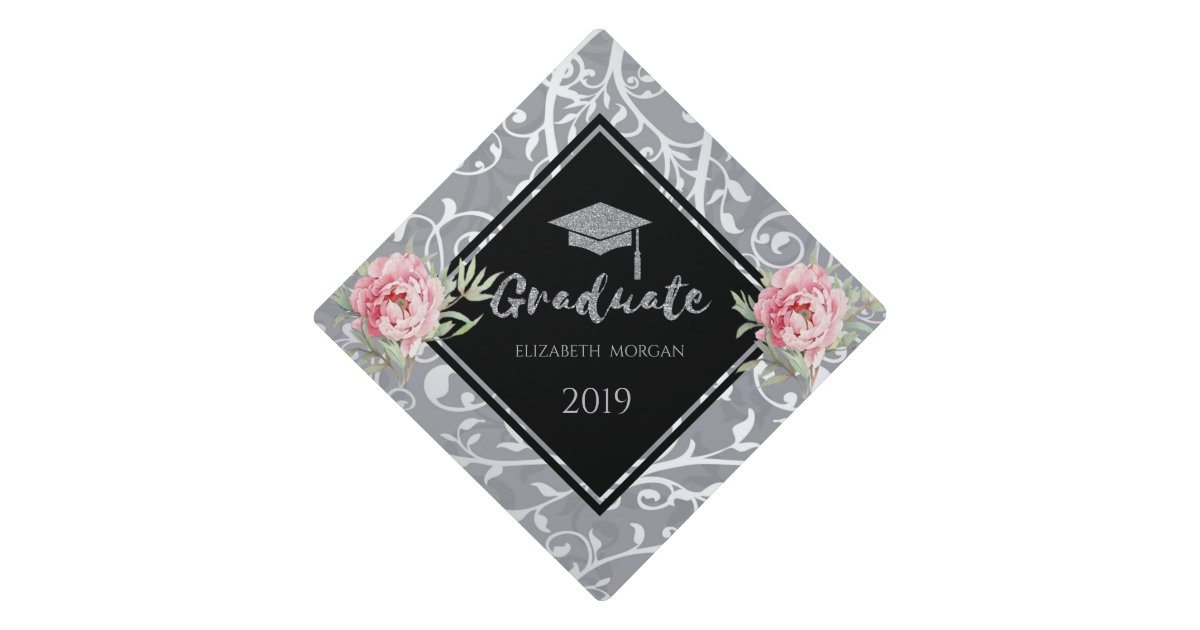 Silver Glitter Graduate Cap,Damask,Roses Graduation Cap Topper | Zazzle